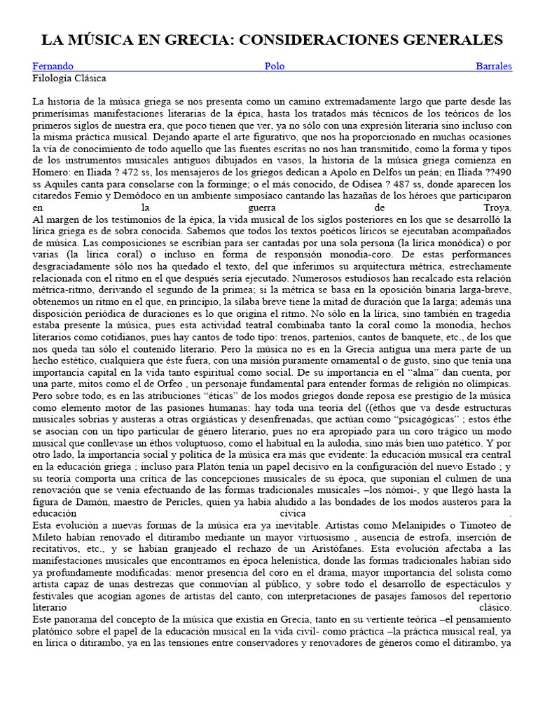 LA MÚSICA EN GRECIA Consideraciones Generales | PDF | Platón | Homero