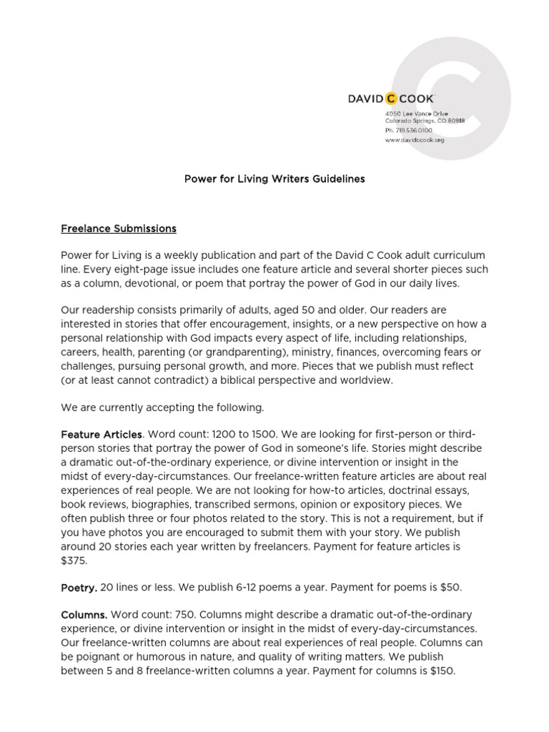 Power For Living Writers Guidelines | PDF