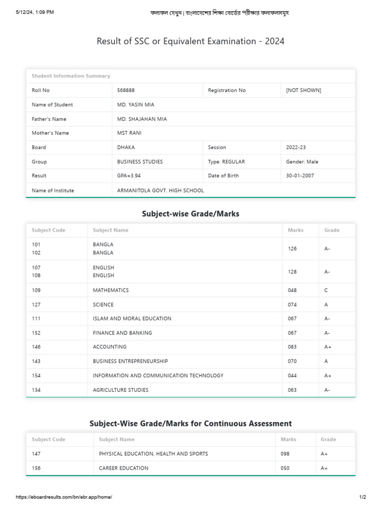 Result of SSC or Equivalent Examination - 2024: Subject-Wise Grade ...