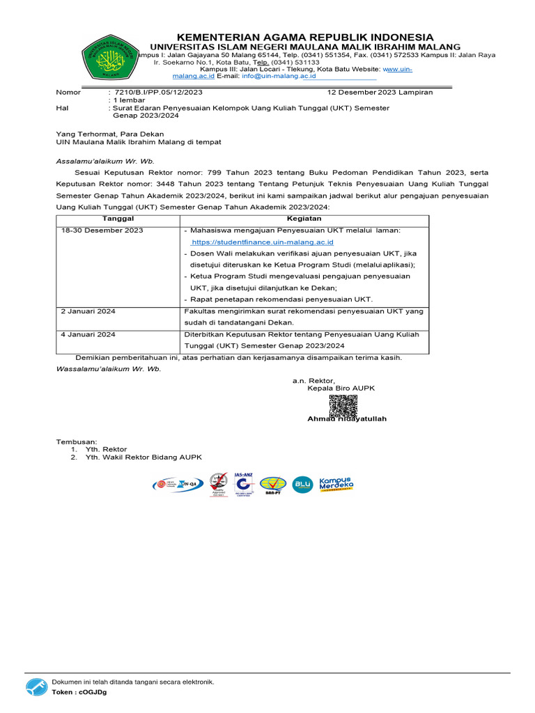 Se Penyesuaian Ukt Semester Genap 2023 - 2024 | PDF