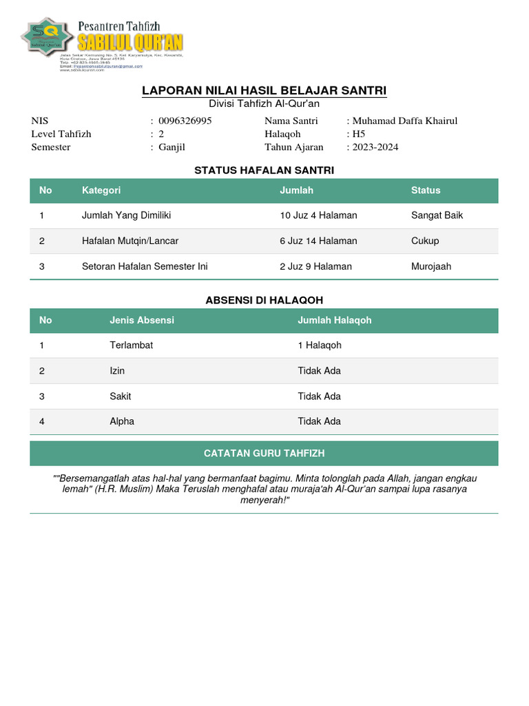 Muhamad Daffa Khairul - Rapor Tahfizh Semester Ganjil 2023-2024 | PDF