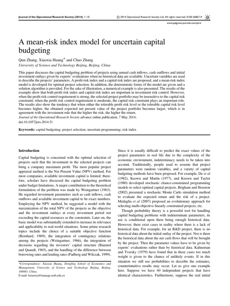 A Mean-Risk Index Model For Uncertain Capital Budgeting | PDF | Fuzzy Logic | Mathematical ...