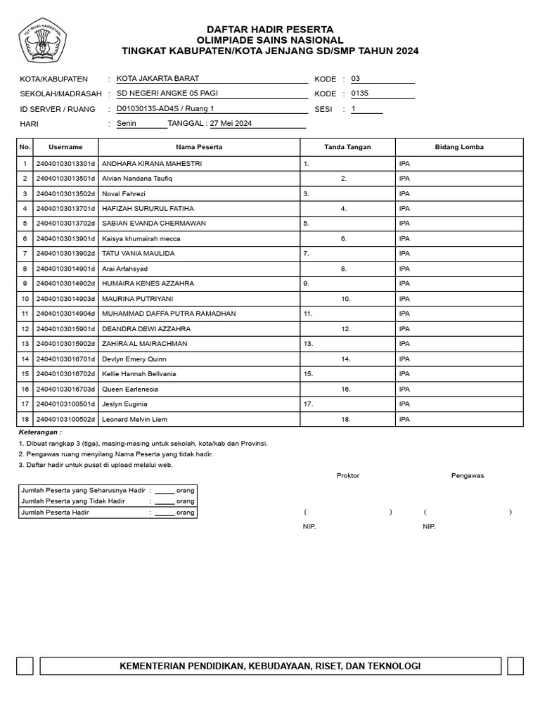 Daftar Hadir Peserta OSN 2024 | PDF