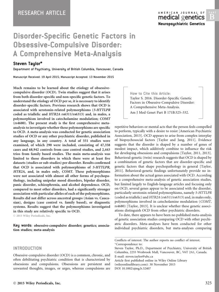 Disorder-Specific Genetic Factors in Ocd | PDF | Obsessive–Compulsive Disorder | Meta Analysis