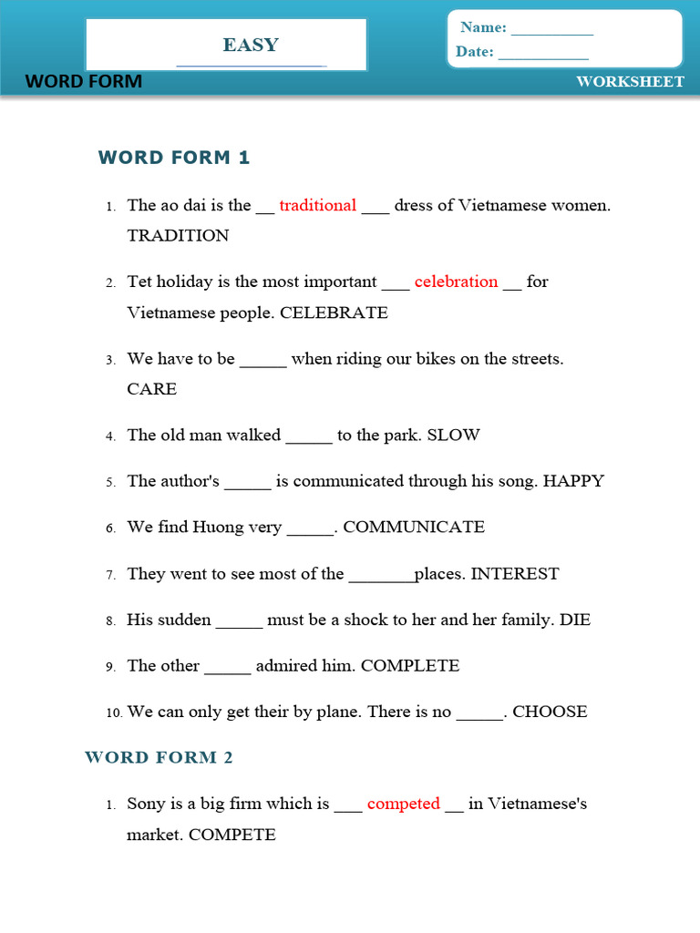 10 Word Form-Worksheet 1 | PDF