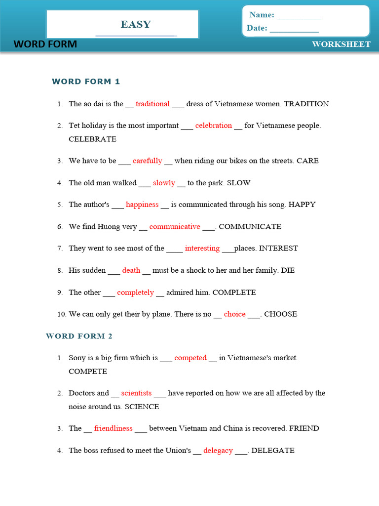 10 Word Form-Worksheet 1-Key | PDF | Language Arts & Discipline