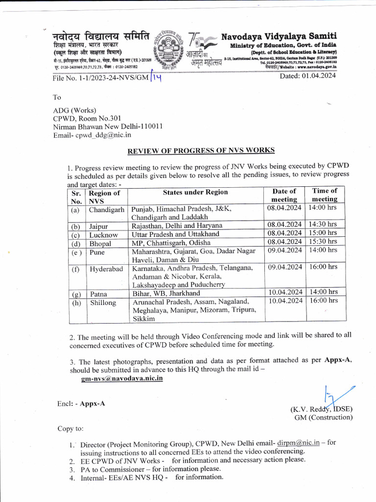 NVS Works Progress Review Meetings Schedule | PDF | Politics Of India