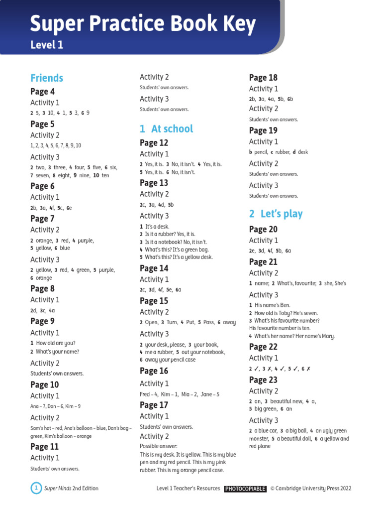 SM2ed Super Practice Book L1 Answer Key | PDF