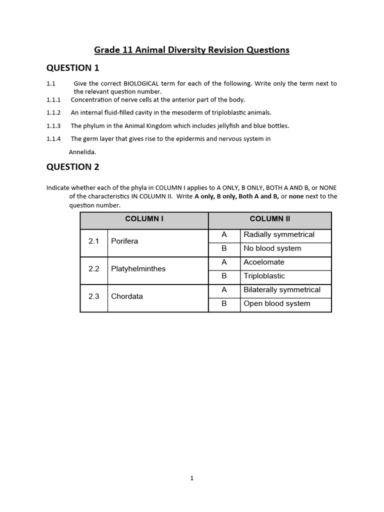Grade 11 Animal Diversity Questions | PDF | Biology | Organisms