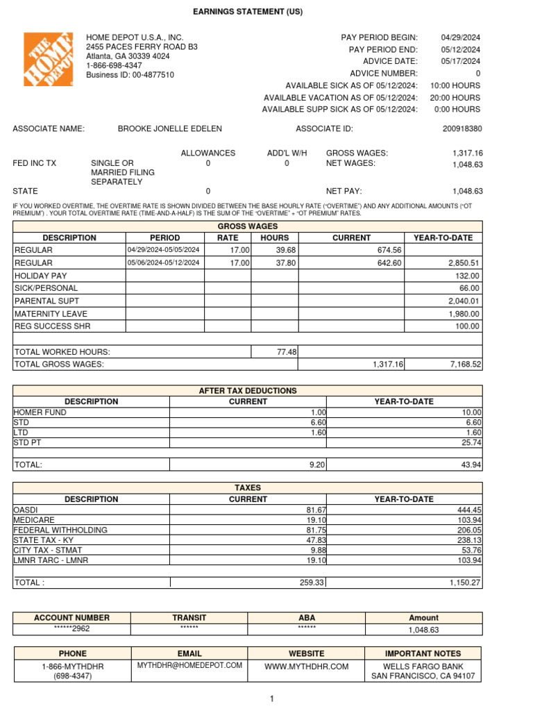 Home Depot Pay Stub Information | PDF | Taxes | Government Finances