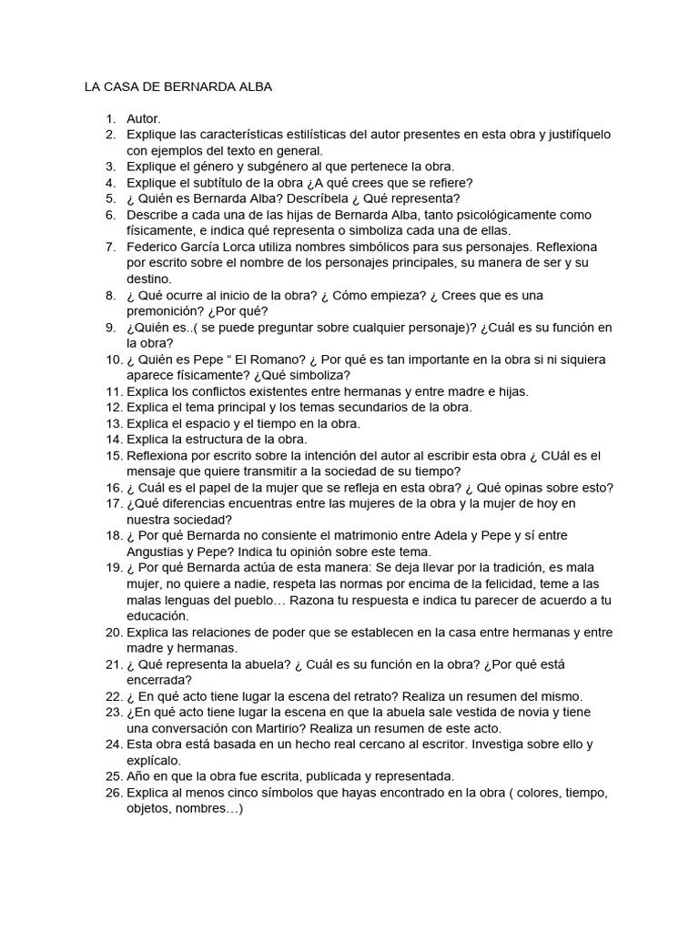 Recopilación de Preguntas Sobre LA CASA DE BERNARDA ALBA | PDF