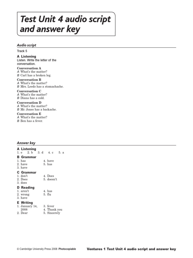 Answer Key - Audio Script For Unit 4 Test | PDF