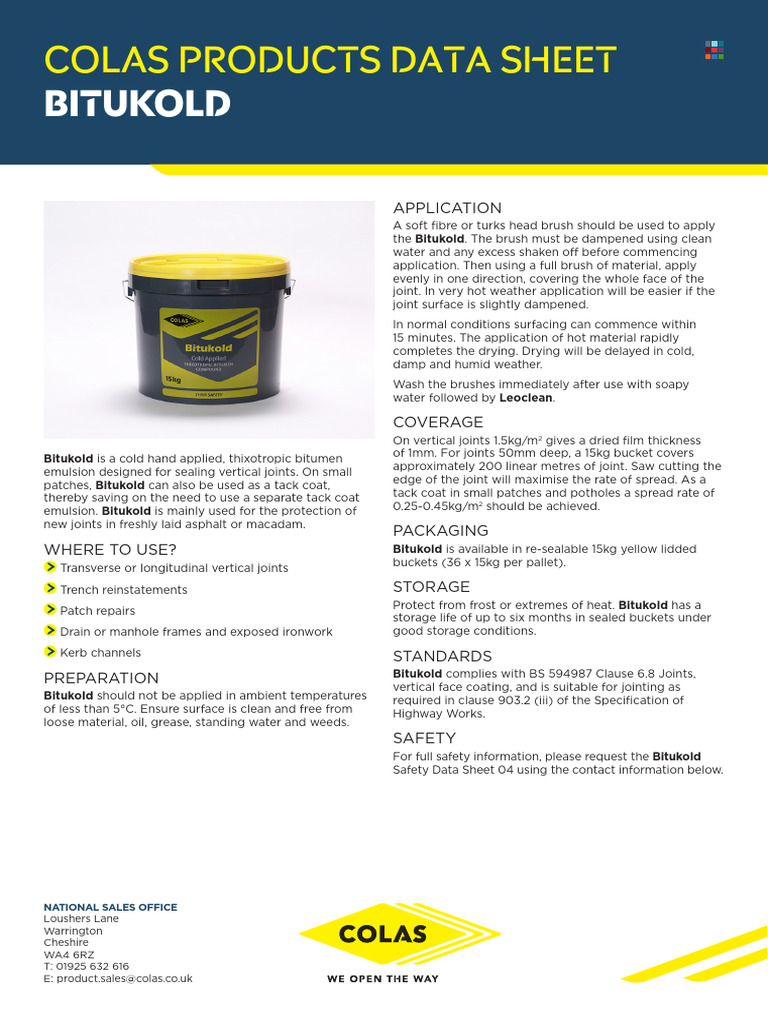 Bitukold Data Sheet - Colas | PDF | Materials