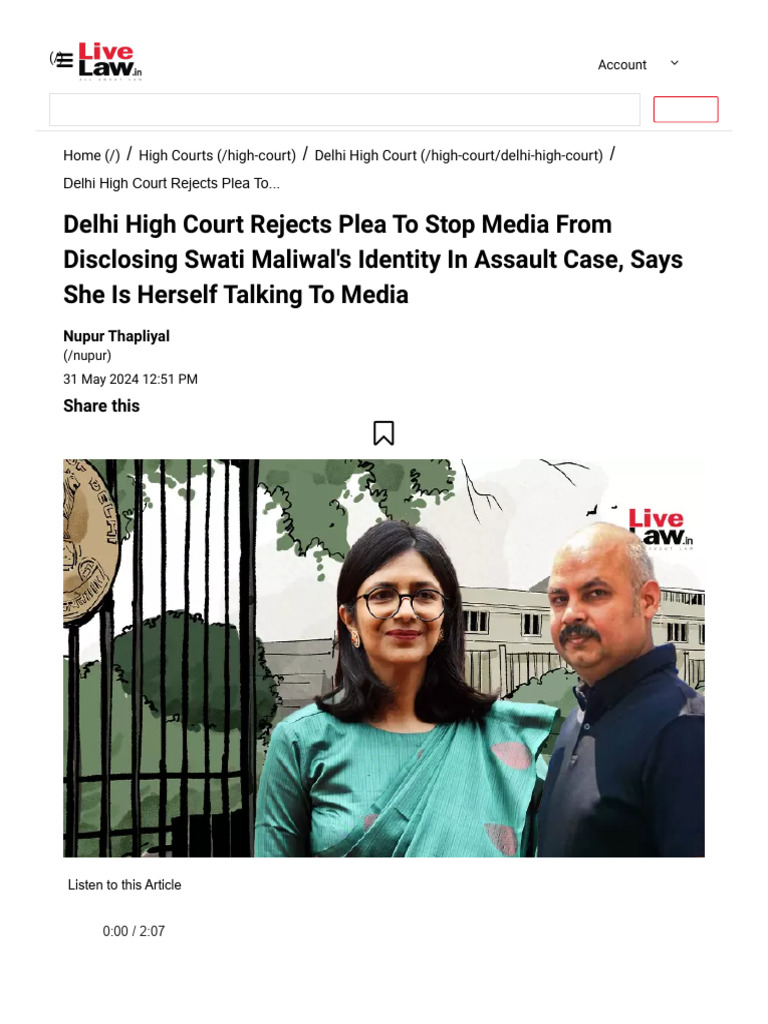 Delhi High Court Rejects Plea To Stop Media From Disclosing Swati Maliwal's Identity in Assault ...