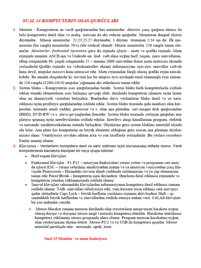 Sual 14 Kompyuterin Əsas Qurğulari | PDF