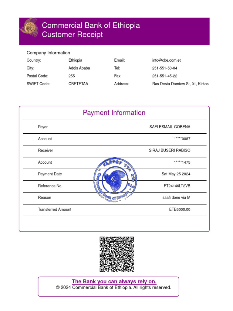 CBE Customer Receipt - Payment Details | PDF