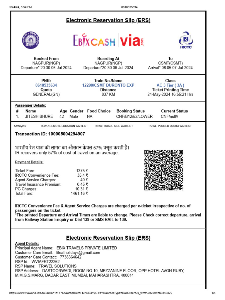 Electronic Reservation Slip (ERS) : 8618535634 12290/Csmt Duronto Exp ...