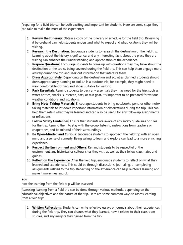 Field Trip Preparation Guide for Students | PDF | Learning | Experience