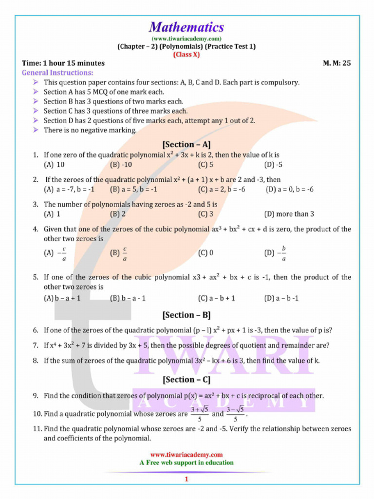10 Maths Chapter 2 Practice Test 1 | PDF