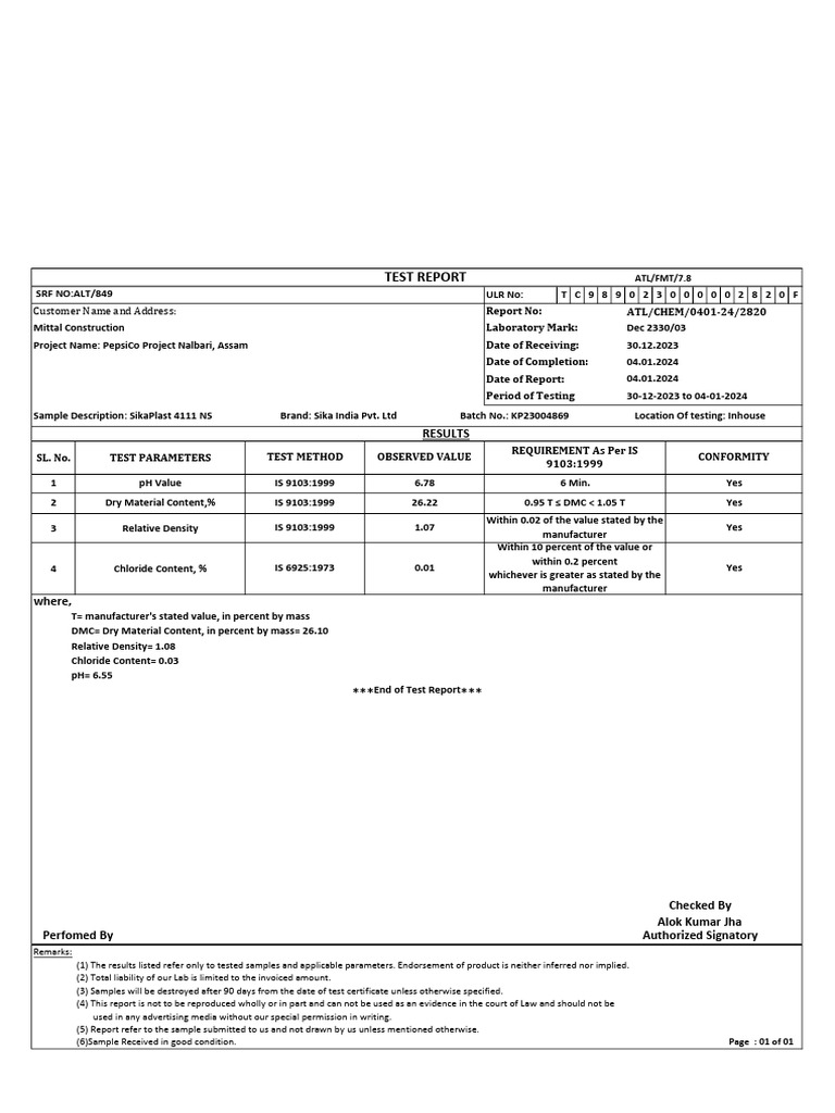 Admixture Test Report | PDF