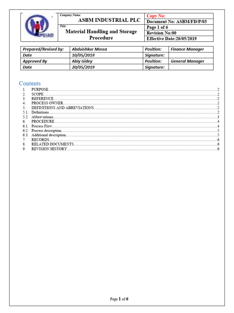 Material Handling & Storage Procedure | PDF | Business