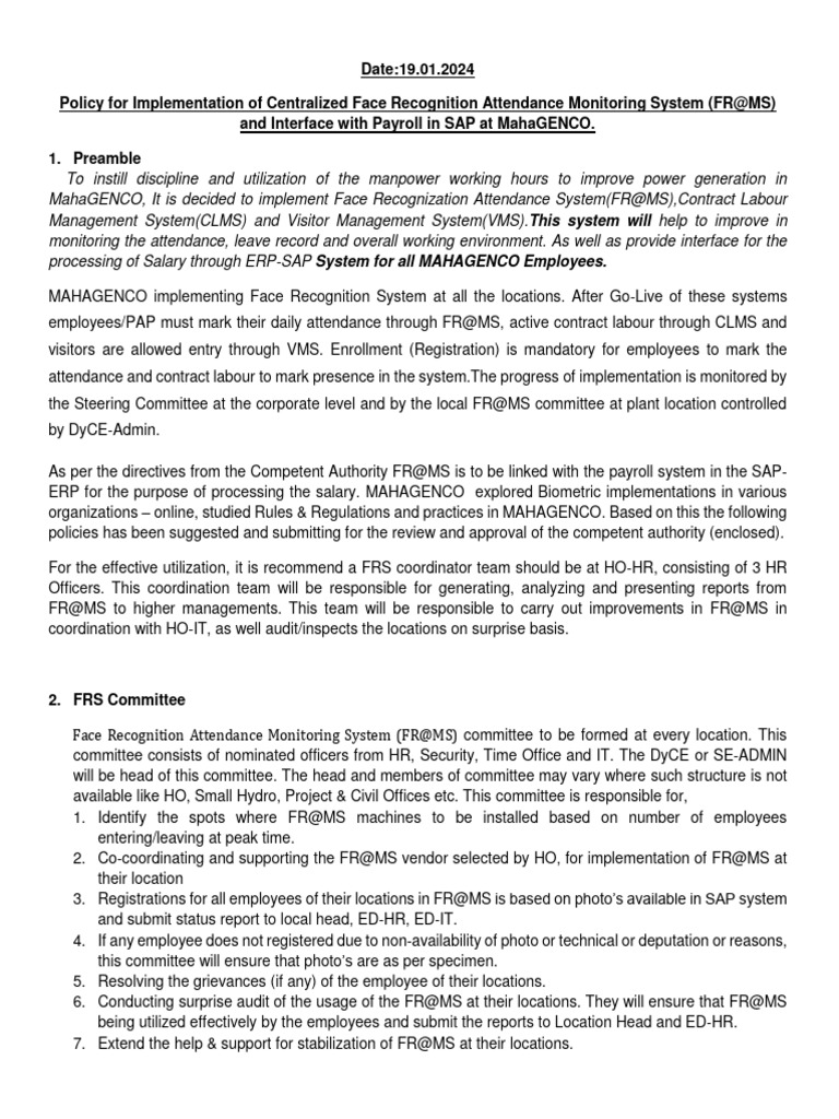 Policy For Implementation of FRMS | PDF | Payroll | Employment