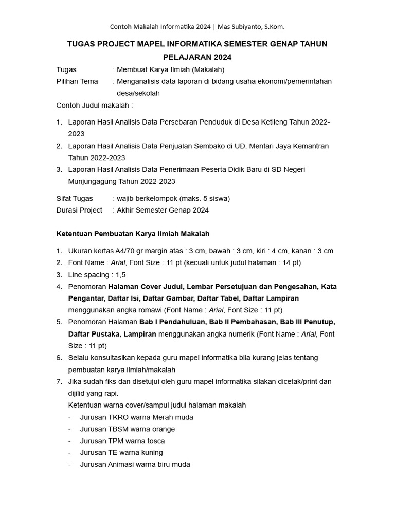 Tugas Project Mapel Informatika Semester Genap Tahun Pelajaran 2025 | PDF
