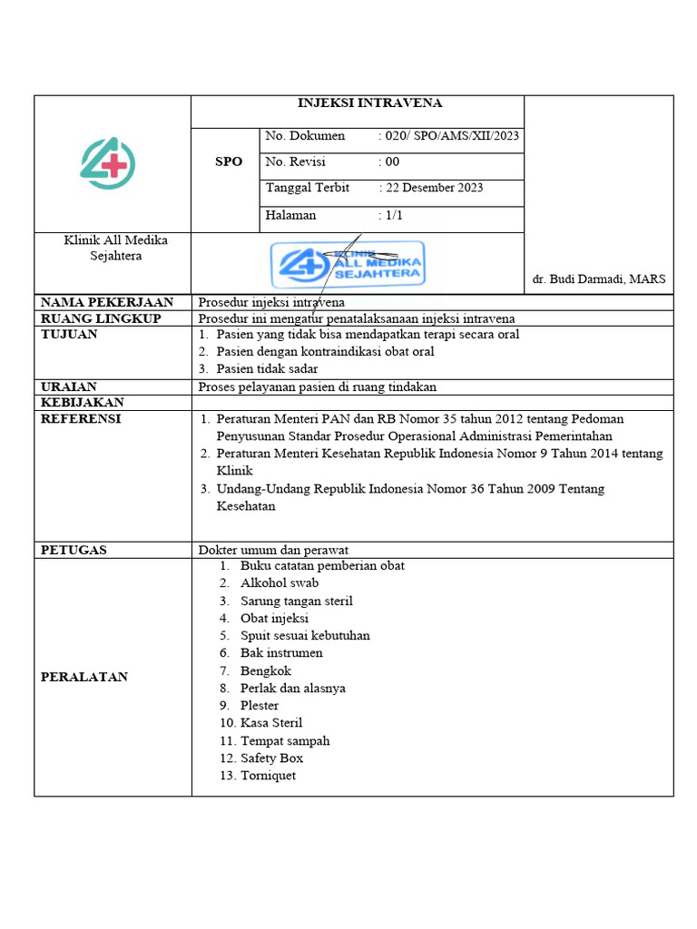 Prosedur Injeksi Intravena Klinik | PDF
