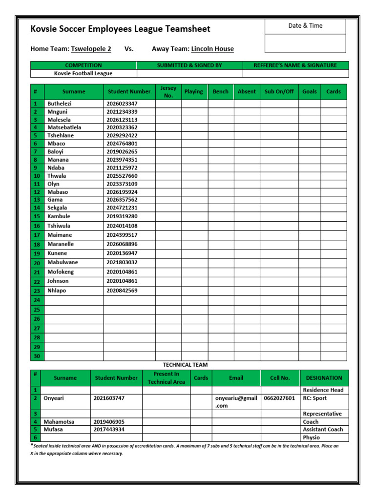 Kovsie Football League Teamsheet | PDF