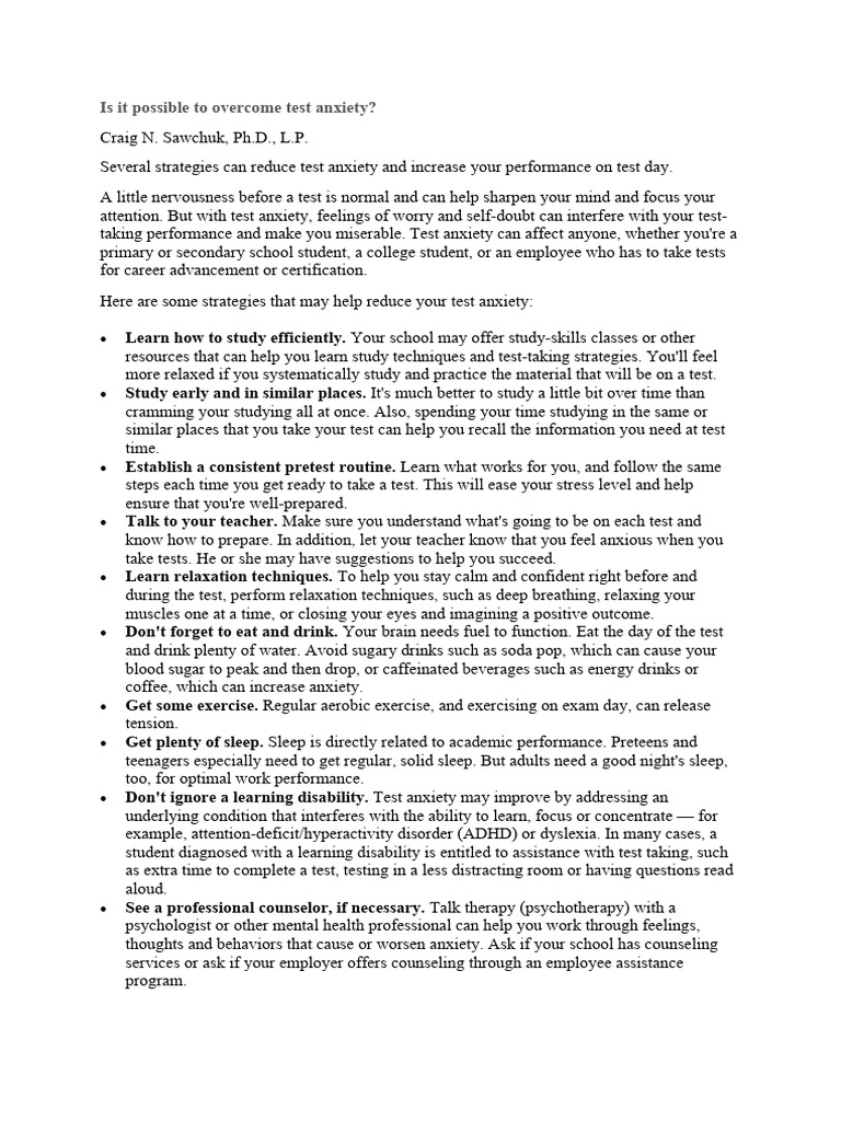 Strategies to Overcome Test Anxiety | PDF | Psychotherapy | Anxiety