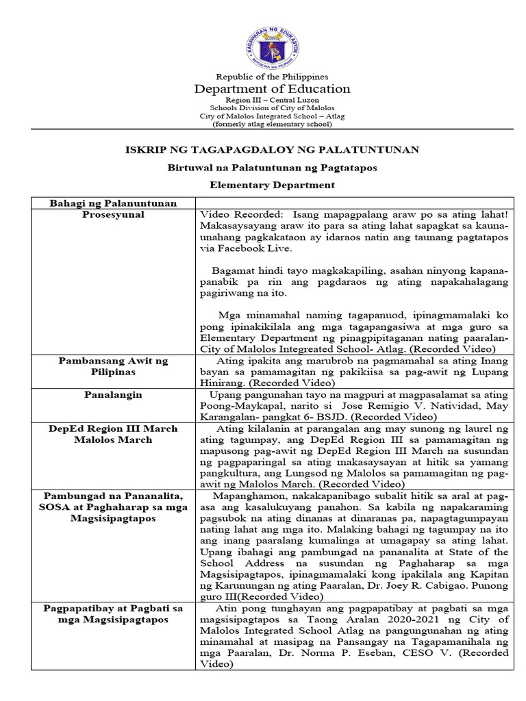 Iskrip NG Tagapagdaloy NG Palatununan - Elementary Department | PDF
