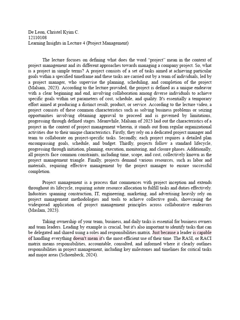 De LEON - Learning Insights in Lecture 4 | PDF | Project Management | Business