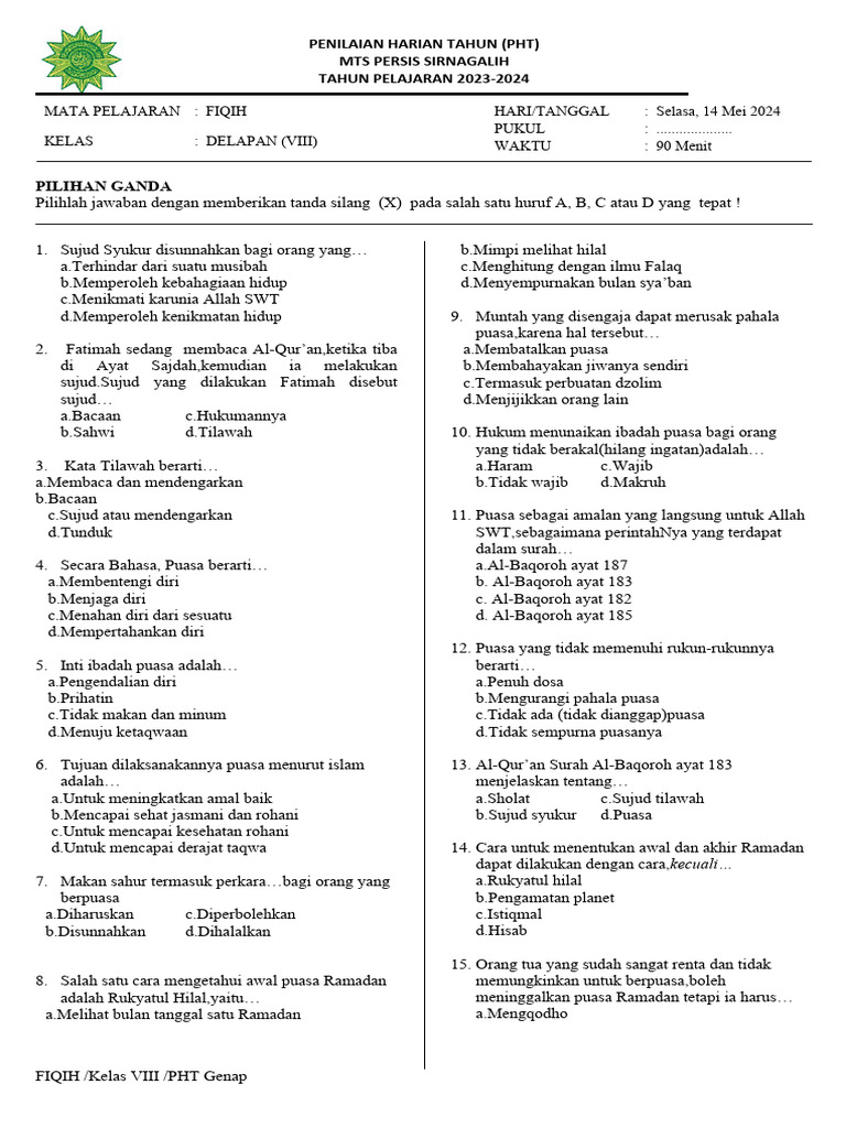 Penilaian Fiqih Kelas VIII PHT 2024 | PDF