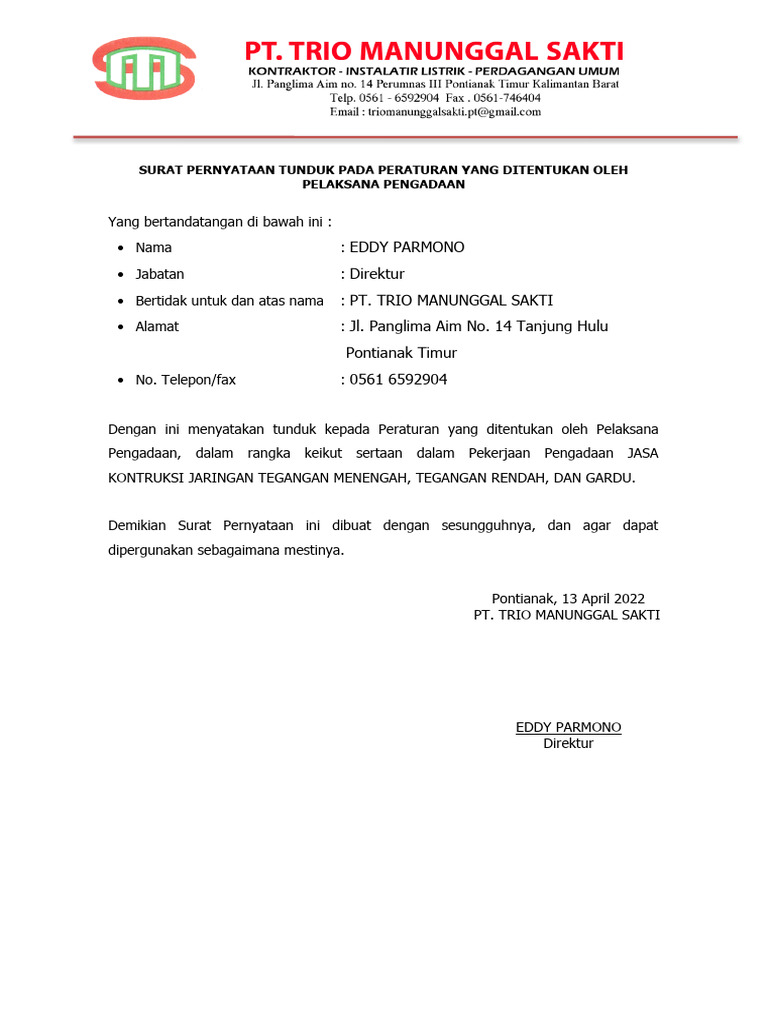 Surat Pernyataan Tunduk Kepada Pelaksana Pengadaan | PDF