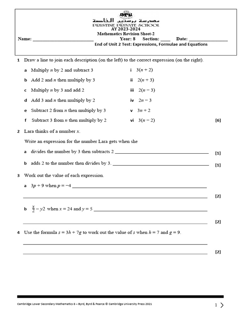 Revision Sheet-2 - (Expressions, Equations and Formulae-Yr-8 | PDF ...