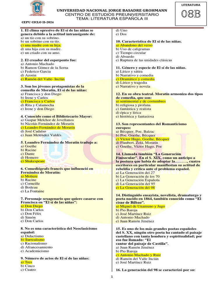 08 B Práctica de Literatura Española Iii Con Claves Claves Cepu Ii-2024 | PDF | Federico García ...