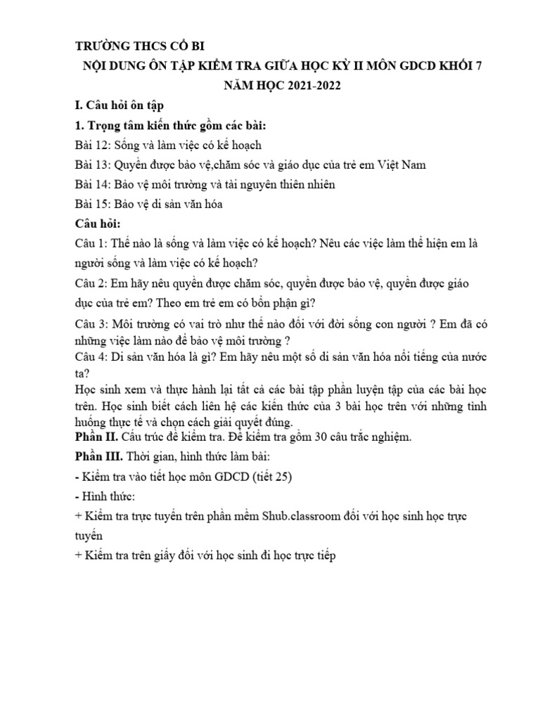 Đề cương kiểm tra giữa HK2 môn GDCD khối 7 | PDF