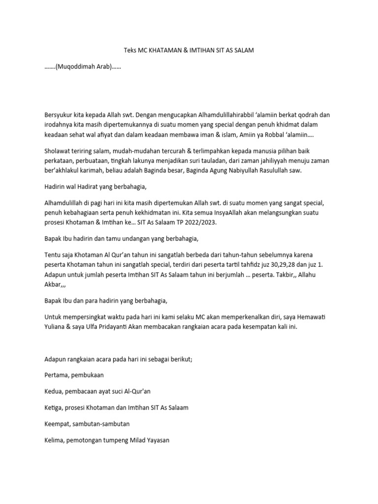 Teks MC Khataman Dan Imtihan As Salam | PDF