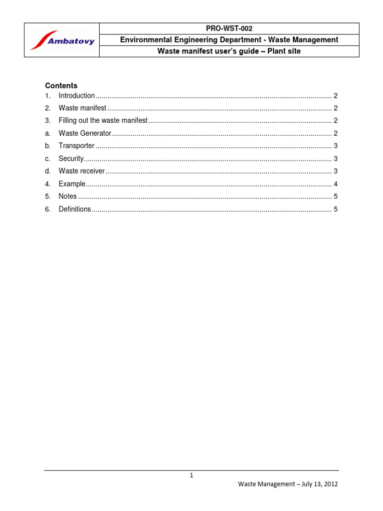 Waste Manifest User's Guide for Plants | PDF | Waste | Waste Management