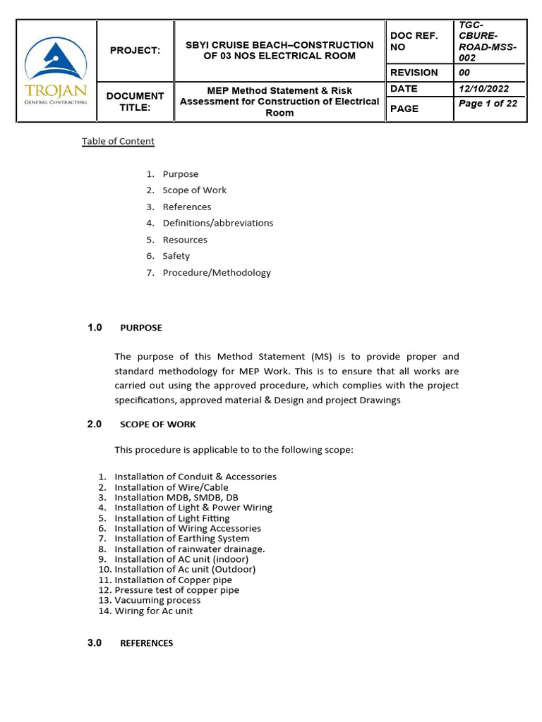 Methods Statement - For Construction of Electrical Room Works | PDF ...