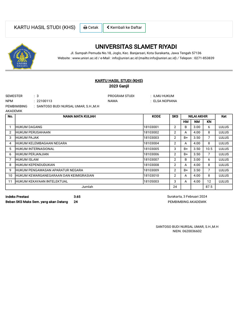 Kartu Hasil Studi (KHS) | PDF