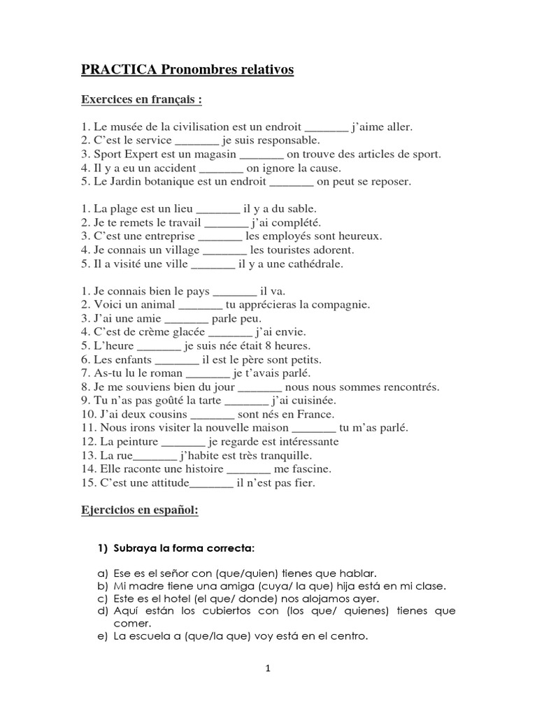 Ejercicios de pronombres relativos en francés y español | PDF