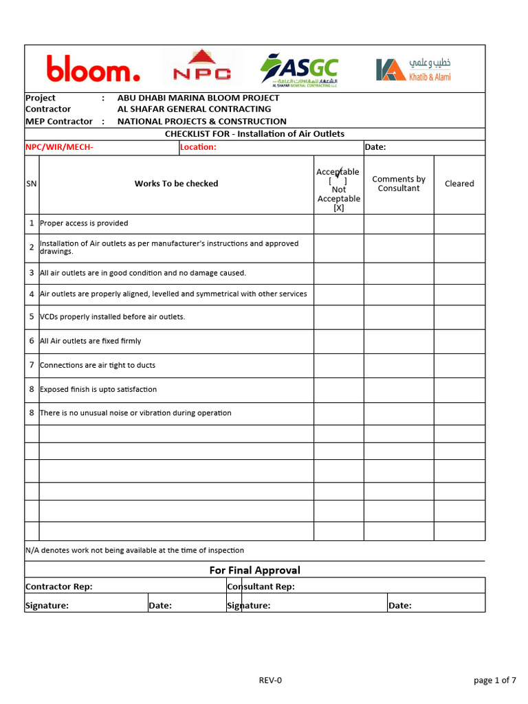 Air Outlet Installation Checklist | PDF