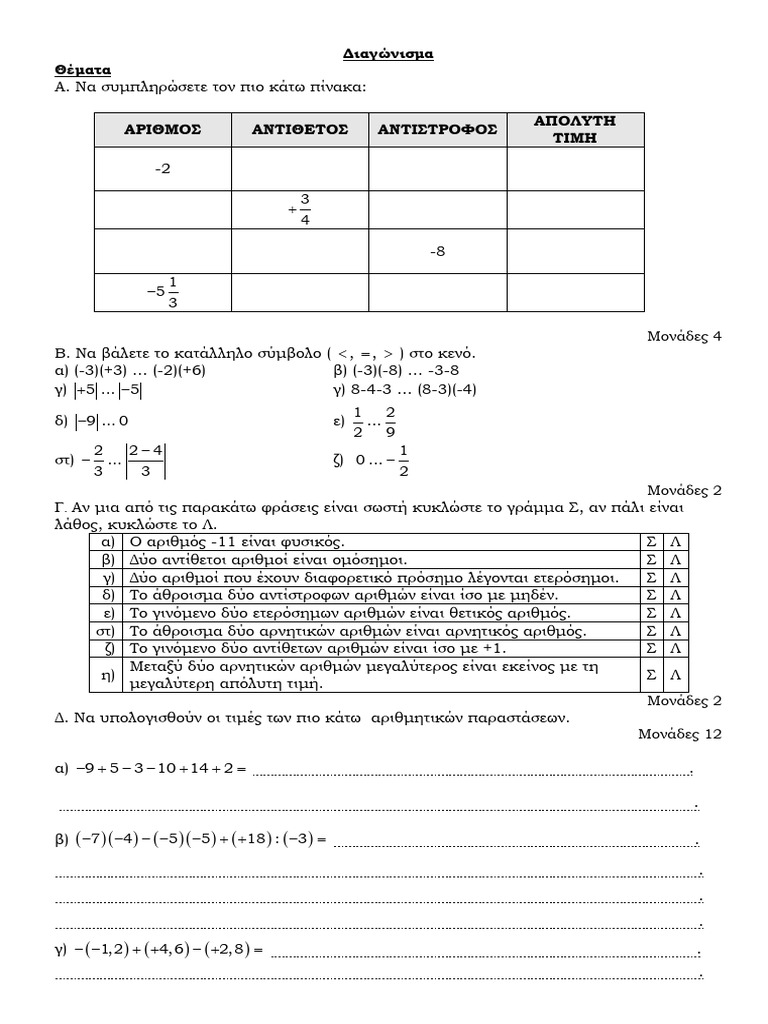 1ο ΔΙΑΓΩΝΙΣΜΑ ΘΕΤΙΚΟΙ - ΑΡΝΗΤΙΚΟΙ | PDF