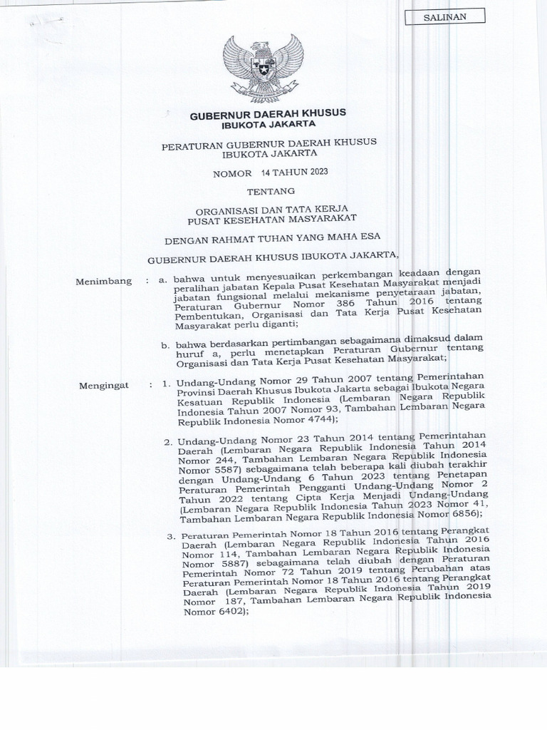 Pergub 14 Tahun 2023 (SOTK Puskesmas) | PDF