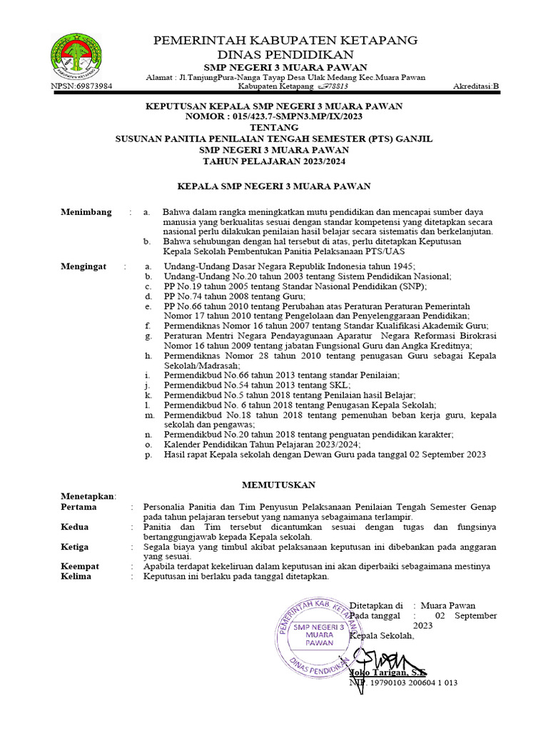 SK Panitia PTS Ganjil 2023-2024 | PDF