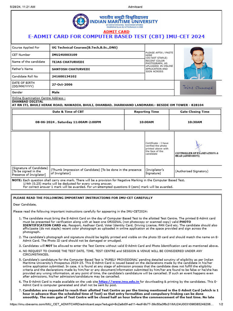 Admitcard IMU | PDF | Identity Document