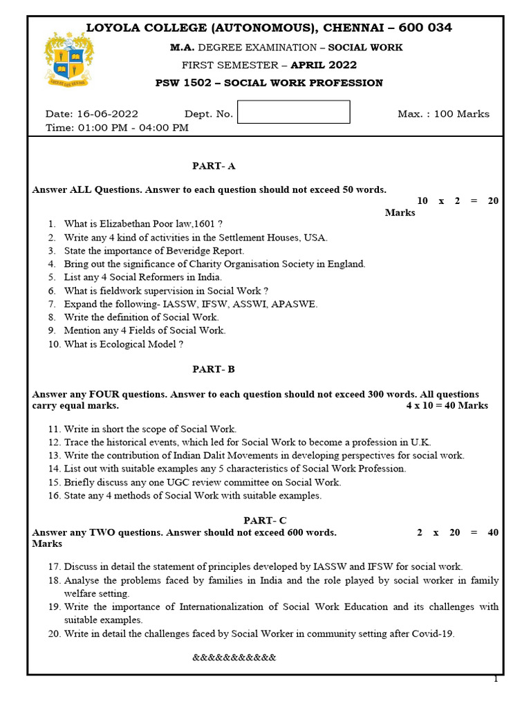 Loyola College Master of Social Work Question Paper 1 | PDF | Social ...
