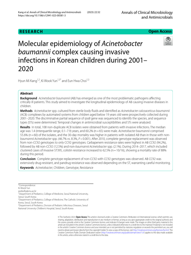 Molecular Epidemiology of Acinetobacter Baumannii Complex Causing Invasive Infections in Korean ...