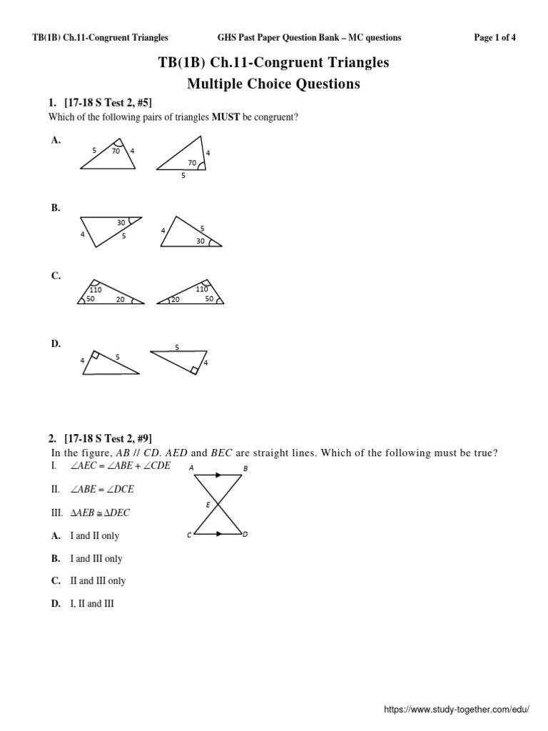 Good Hope School 16-21-1B Ch.11 Congruent Triangles MC | PDF ...